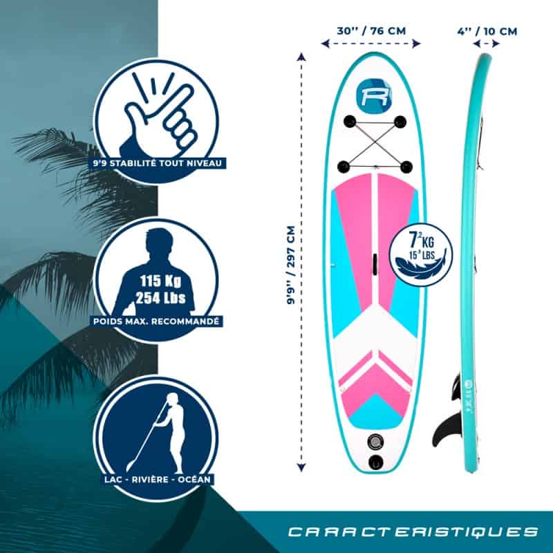 Pack stand up paddle gonflable 9'9 / 297 cm - Allround, Rose